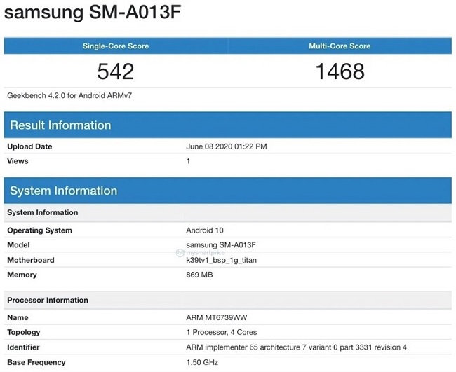 Thông tin cấu hình Samsung Galaxy A01e xuất hiện trên Geekbench với ...